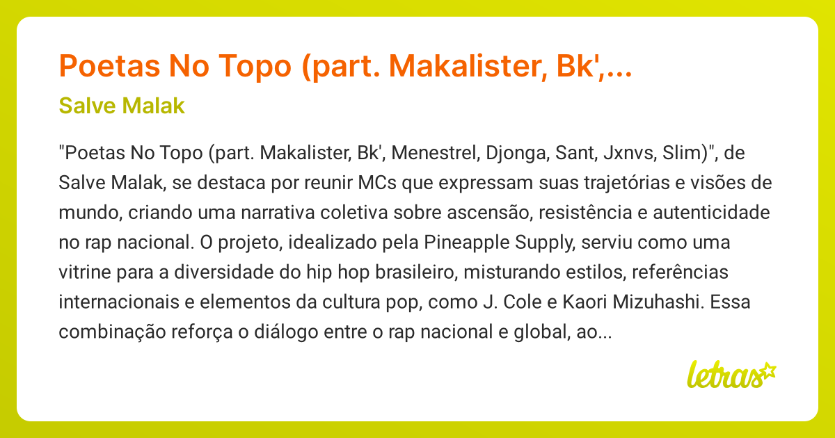 Significado da música Poetas No Topo (part. Makalister, Bk', Menestrel ...