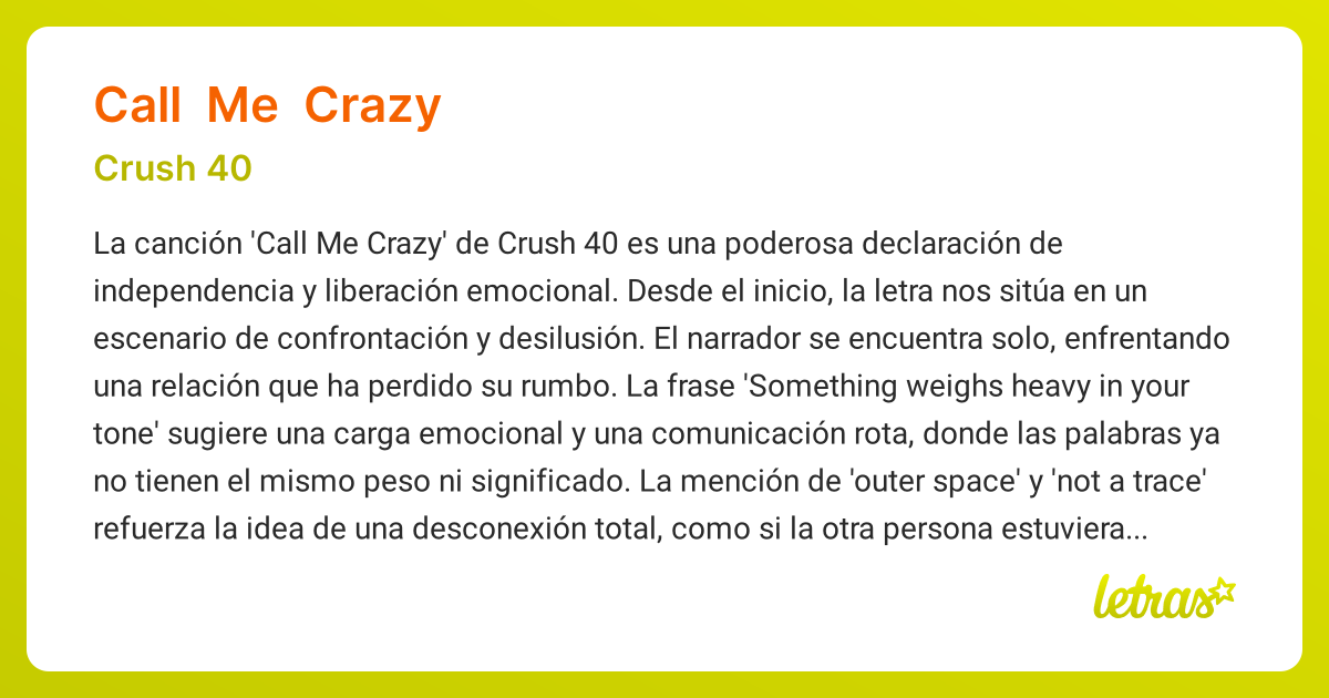 Significado de la canción CALL ME CRAZY (Crush 40) - LETRAS.COM