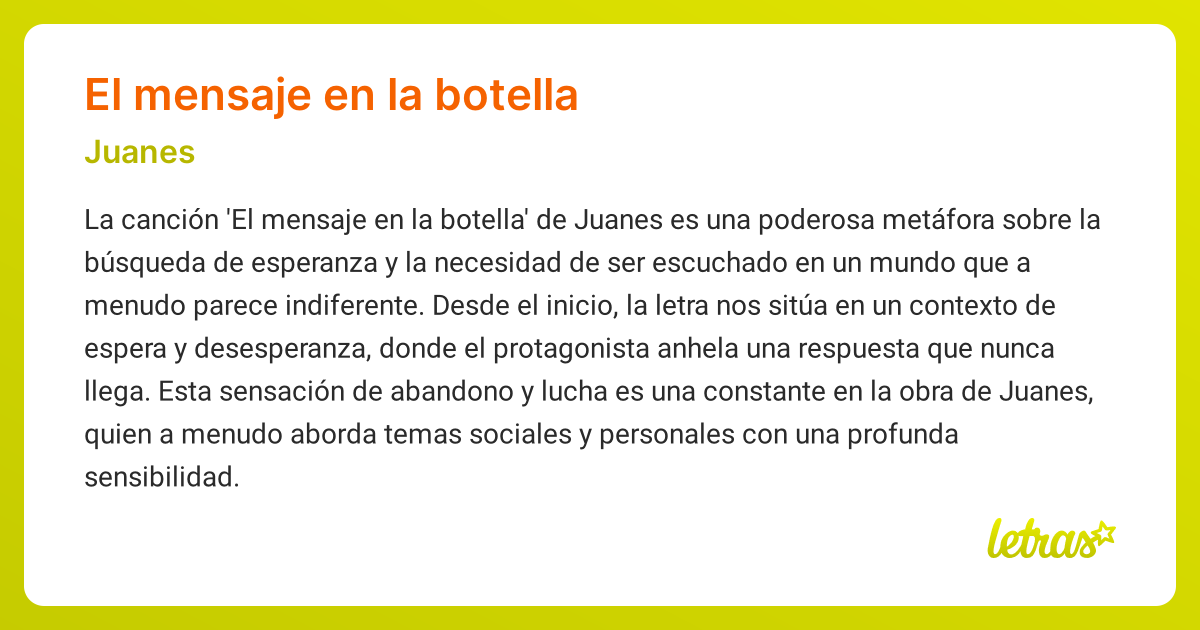 Significado de la canción EL MENSAJE EN LA BOTELLA (Juanes) - LETRAS.COM
