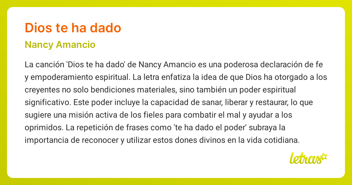 Significado de la canción DIOS TE HA DADO (Nancy Amancio) - LETRAS.COM