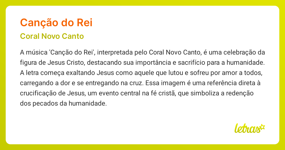Significado da música CANÇÃO DO REI (Coral Novo Canto) - LETRAS.MUS.BR