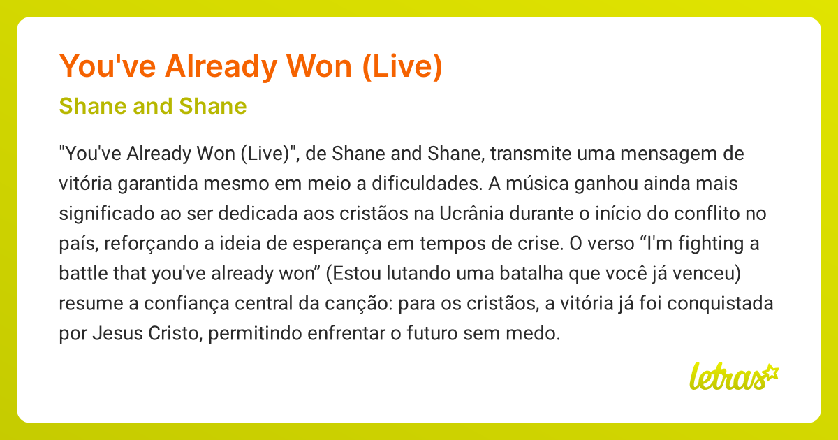 Significado da música YOU'VE ALREADY WON (LIVE) (Shane and Shane ...