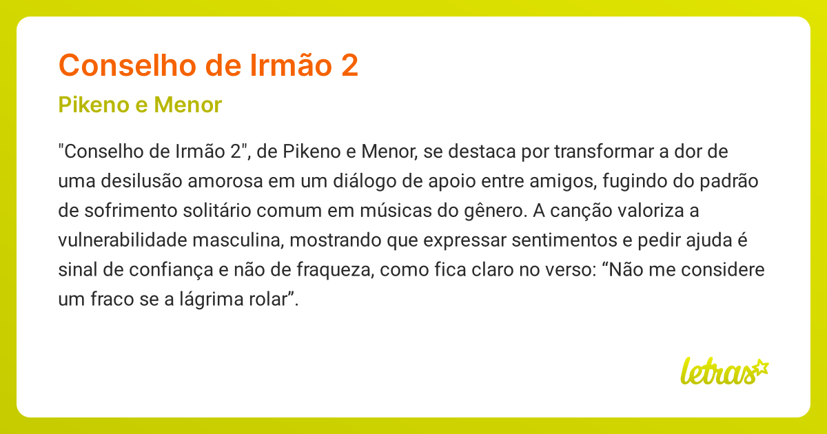 Significado da música CONSELHO DE IRMÃO 2 (Pikeno e Menor) - LETRAS.MUS.BR