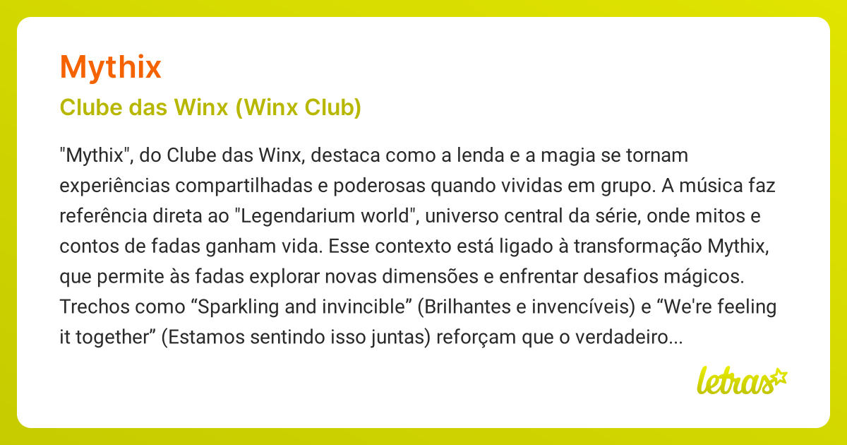 Significado da música MYTHIX (Clube das Winx (Winx Club)) - LETRAS.MUS.BR