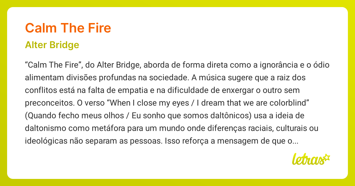 Significado da música CALM THE FIRE (Alter Bridge) - LETRAS.MUS.BR