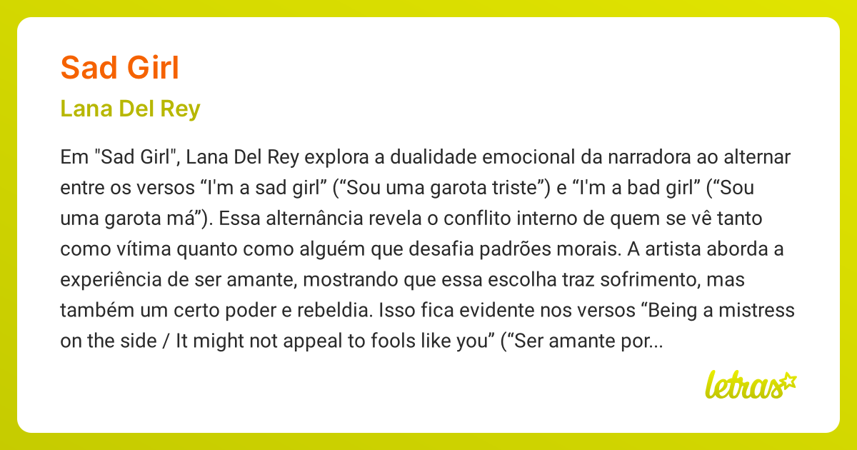 Significado da música SAD GIRL (Lana Del Rey) - LETRAS.MUS.BR