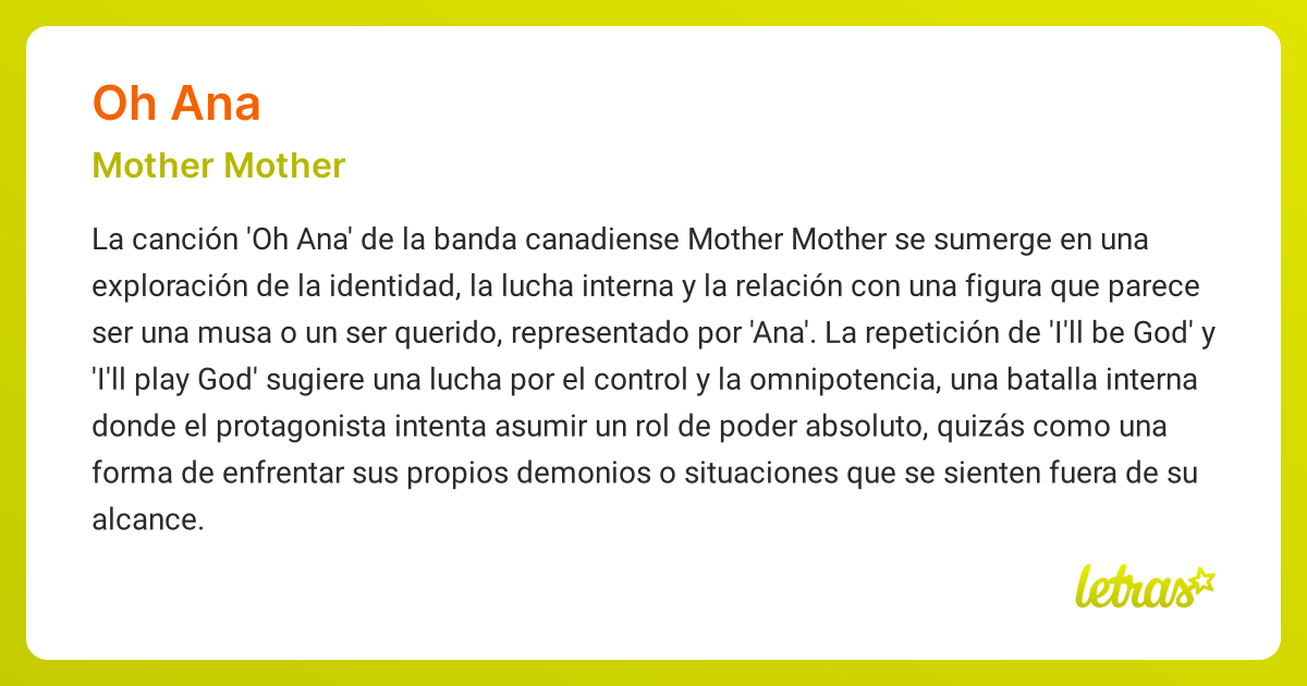 Significado de la canción OH ANA (Mother Mother) - LETRAS.COM