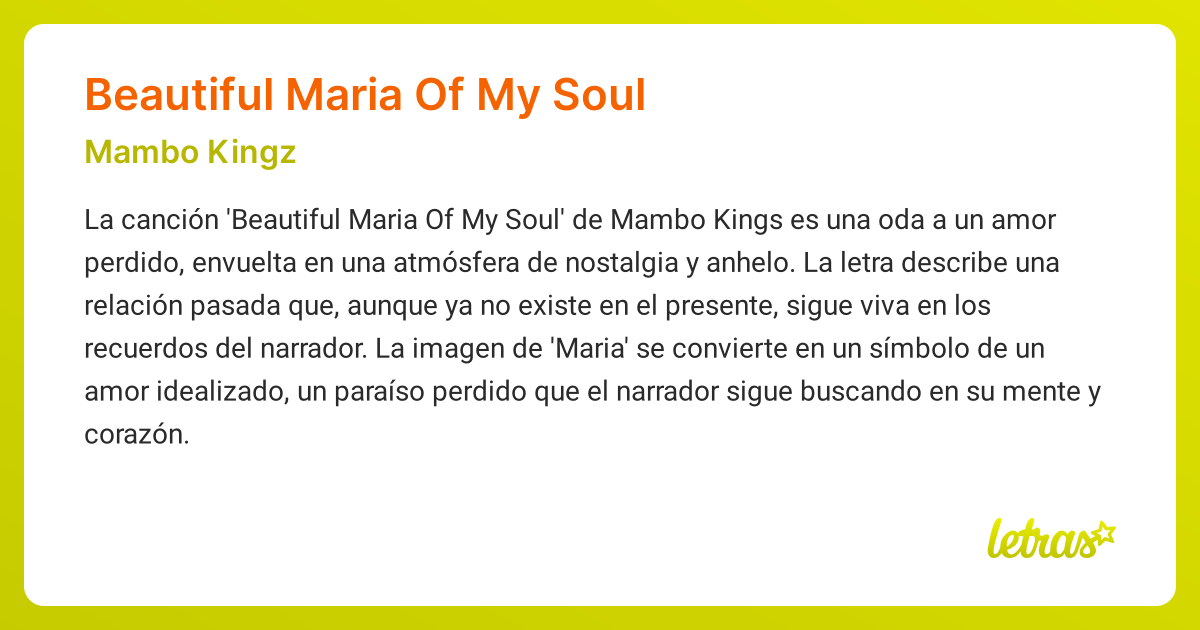 Significado de la canción BEAUTIFUL MARIA OF MY SOUL (Mambo Kingz ...
