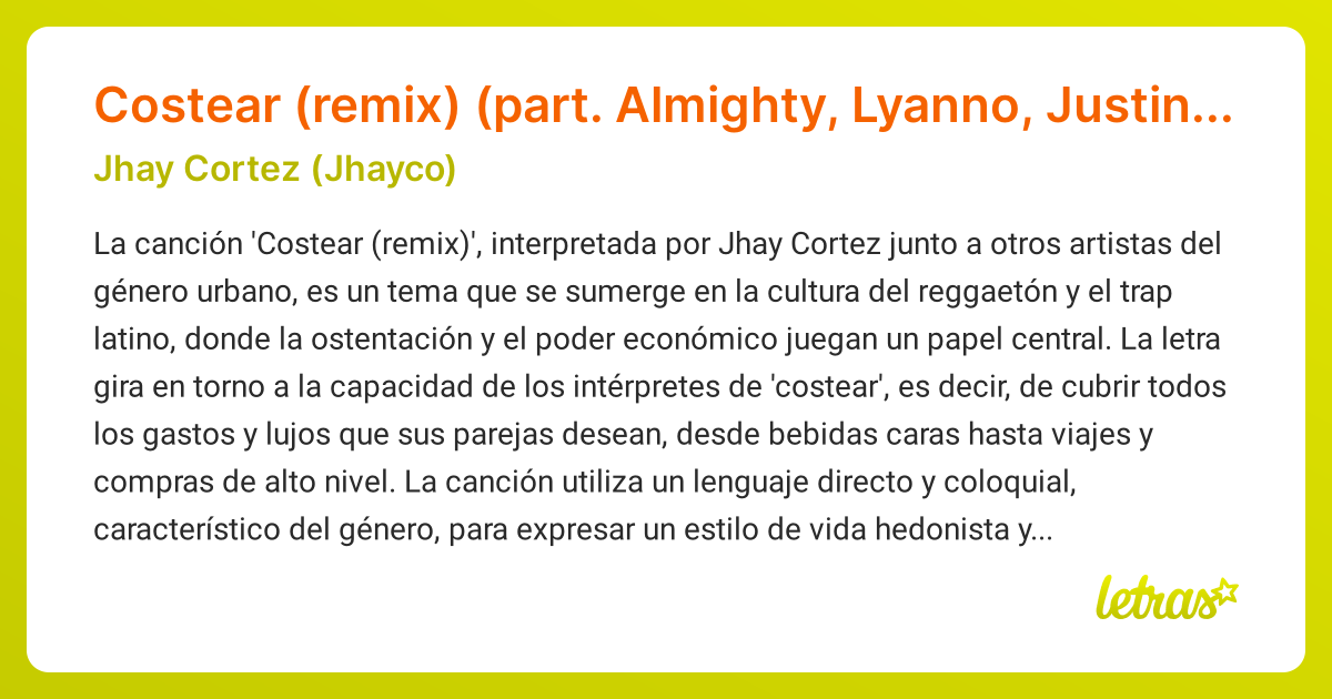 Significado de la canción Costear (remix) (part. Almighty, Lyanno ...