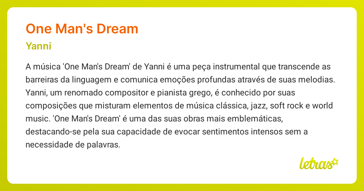Significado da música ONE MAN'S DREAM (Yanni) - LETRAS.MUS.BR