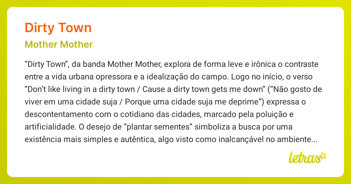 Significado da música DIRTY TOWN (Mother Mother) - LETRAS.MUS.BR