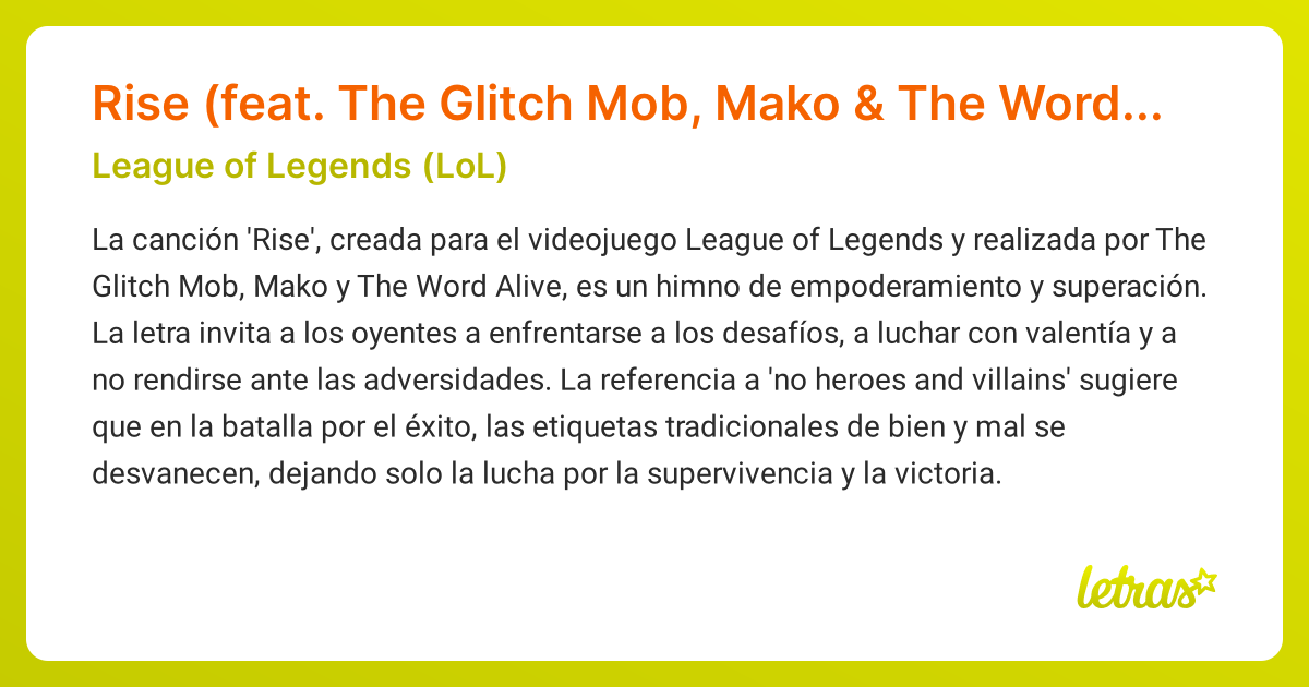 Significado de la canción Rise (feat. The Glitch Mob, Mako & The Word ...