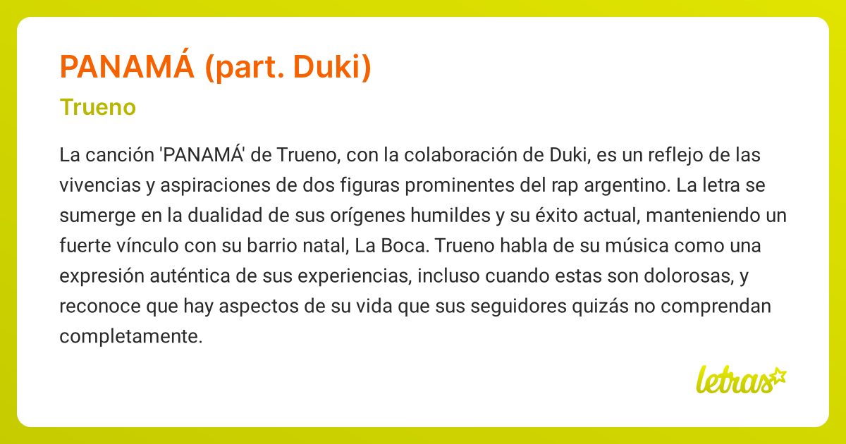 Significado de la canción PANAMÁ (PART. DUKI) (Trueno) - LETRAS.COM