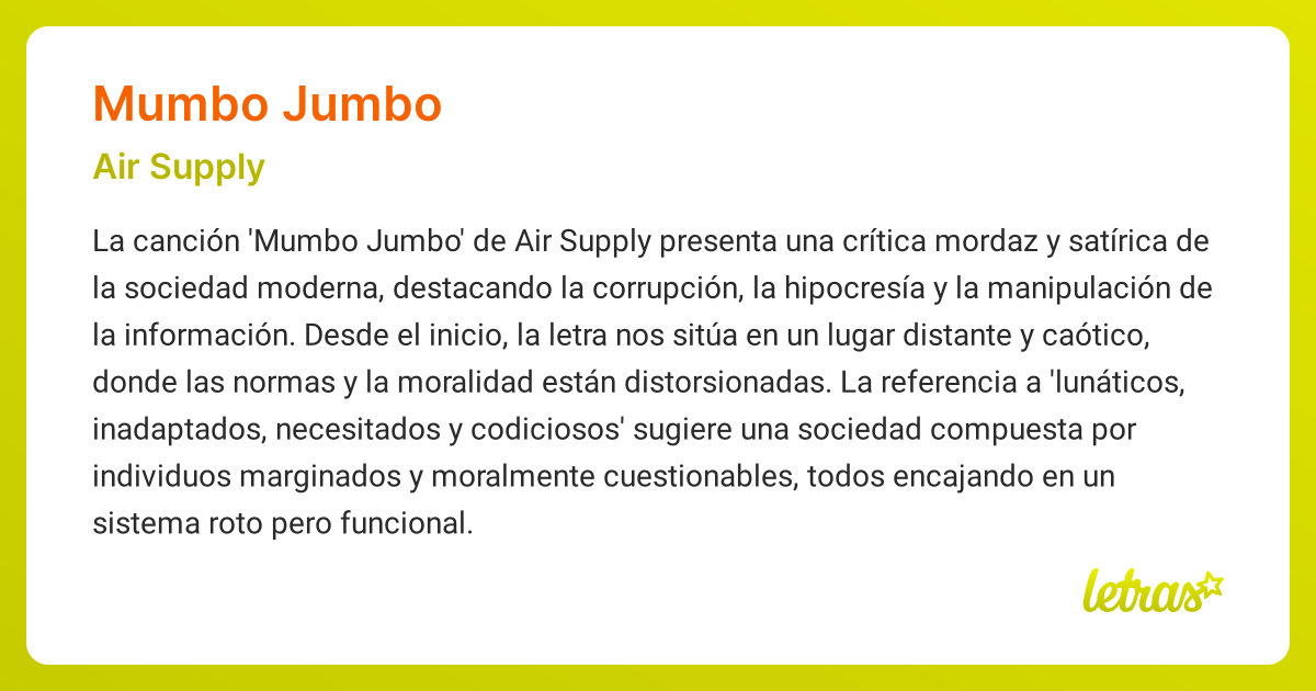 Significado de la canción MUMBO JUMBO (Air Supply) - LETRAS.COM