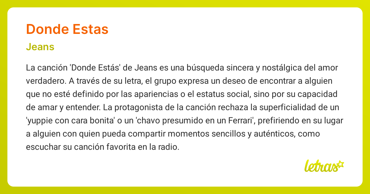Significado de la canción DONDE ESTAS (Jeans) - LETRAS.COM