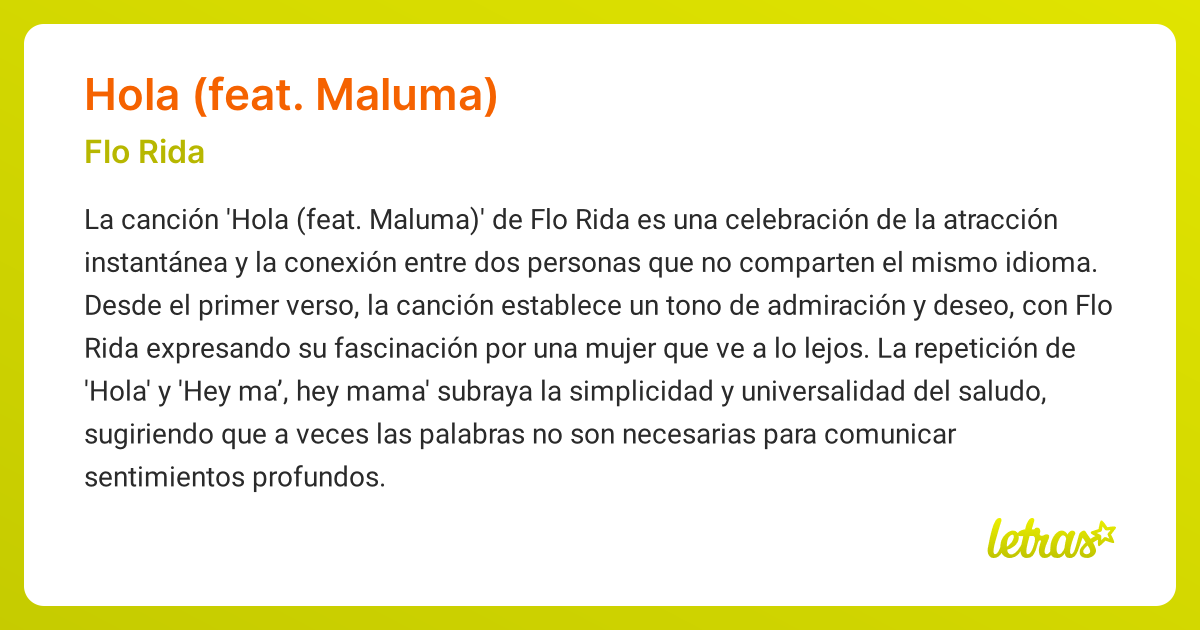 Significado de la canción HOLA (FEAT. MALUMA) (Flo Rida) - LETRAS.COM