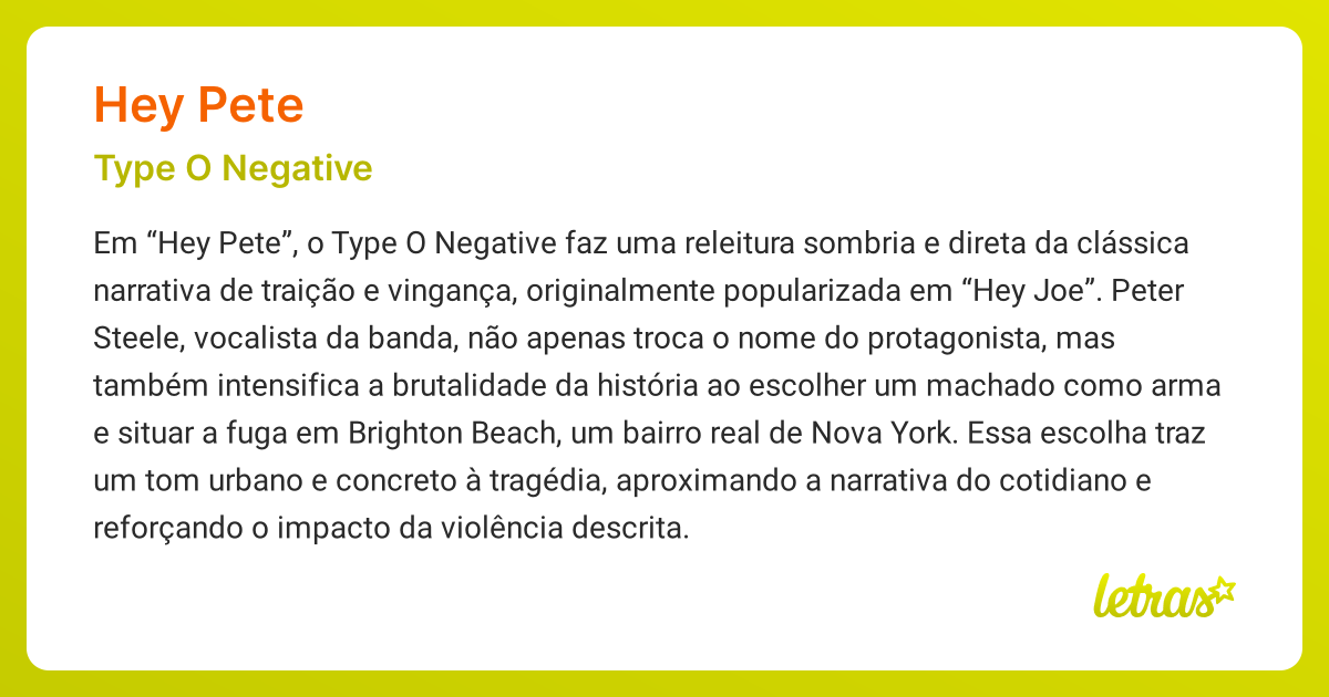 Significado da música HEY PETE (Type O Negative) - LETRAS.MUS.BR