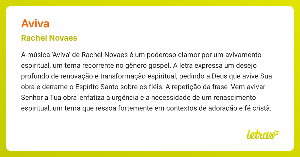 Significado da música AVIVA (Rachel Novaes) - LETRAS.MUS.BR