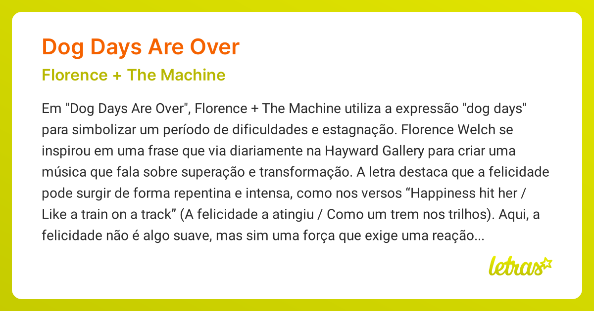 Significado da música DOG DAYS ARE OVER (Florence + The Machine ...
