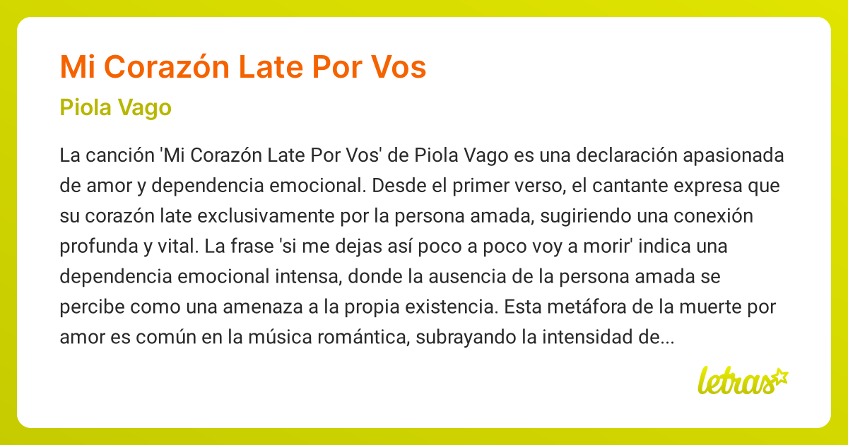 Significado de la canción MI CORAZÓN LATE POR VOS (Piola Vago) - LETRAS.COM