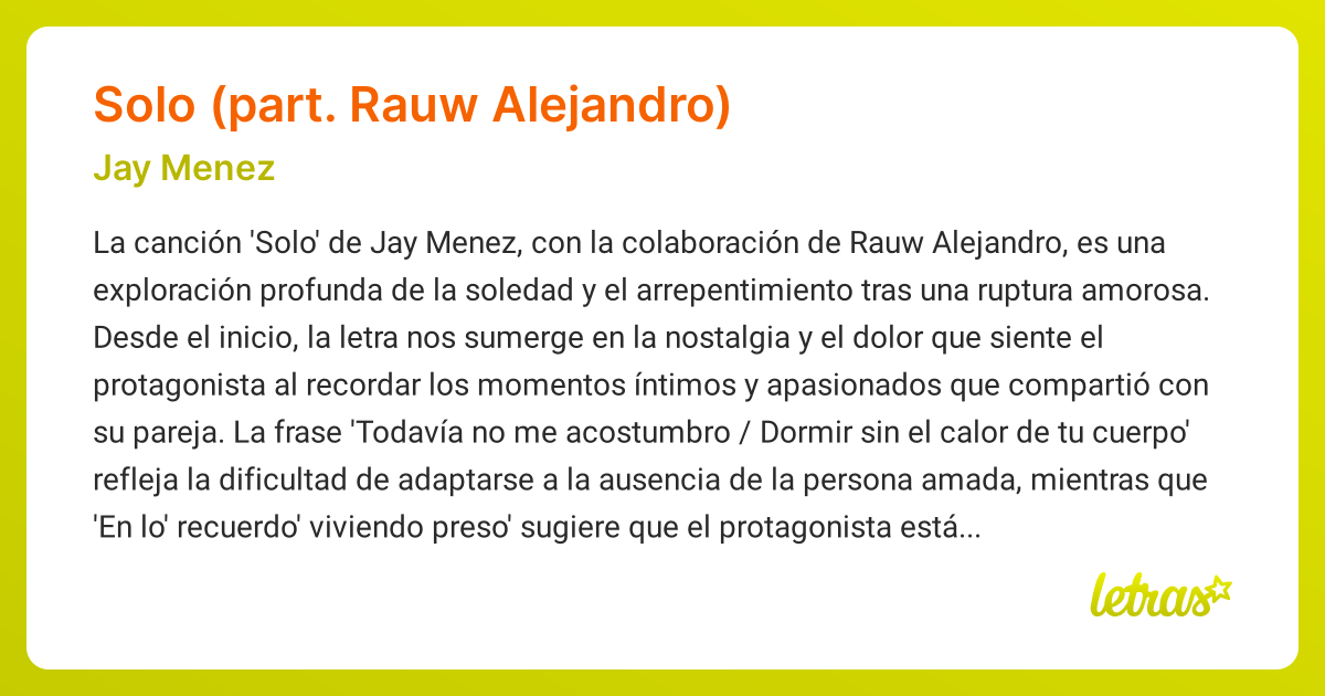 Significado de la canción SOLO (PART. RAUW ALEJANDRO) (Jay Menez ...