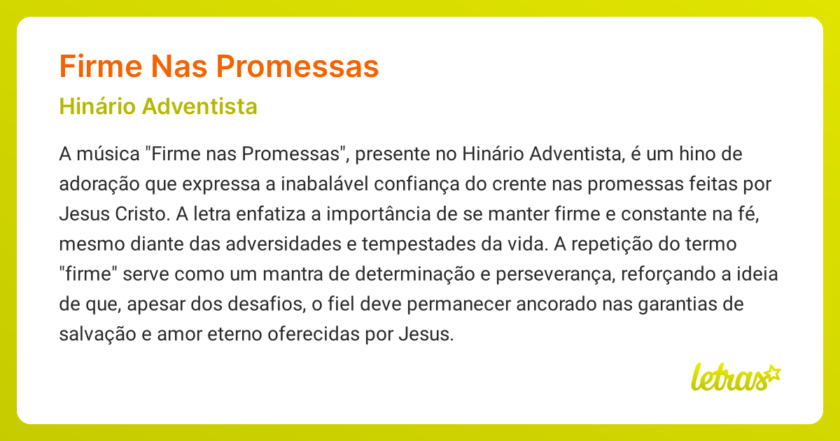 Significado da música FIRME NAS PROMESSAS (Hinário Adventista) - LETRAS ...