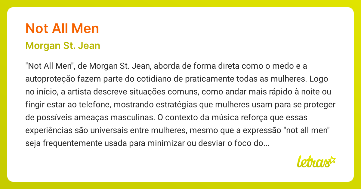 Significado da música NOT ALL MEN (Morgan St. Jean) - LETRAS.MUS.BR