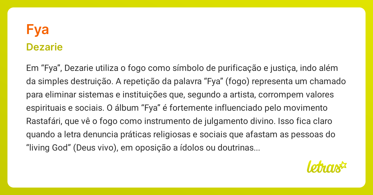 Significado da música FYA (Dezarie) - LETRAS.MUS.BR