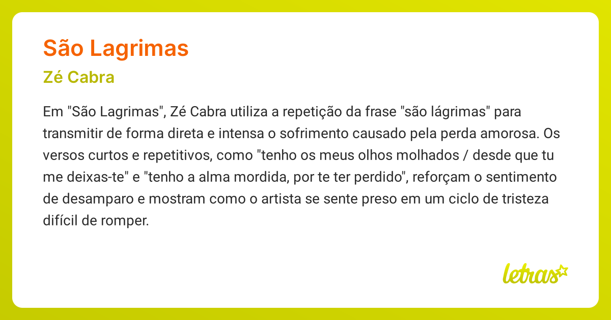Significado da música SÃO LAGRIMAS (Zé Cabra) - LETRAS.MUS.BR