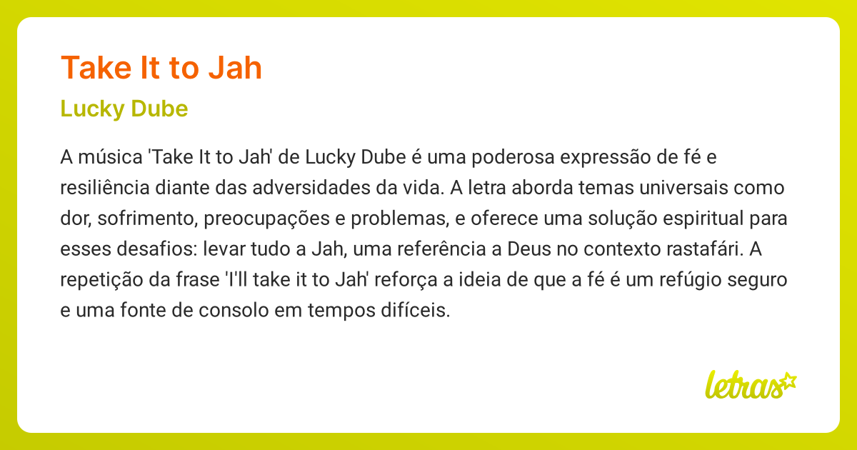 Significado da música TAKE IT TO JAH (Lucky Dube) - LETRAS.MUS.BR