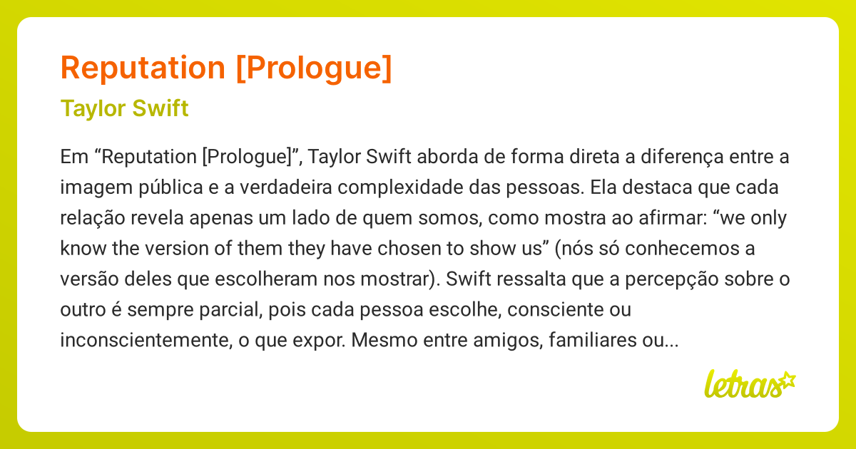 Significado da música REPUTATION [PROLOGUE] (Taylor Swift) - LETRAS.MUS.BR