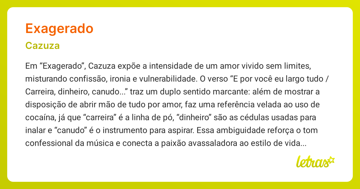 Significado da música EXAGERADO (Cazuza) - LETRAS.MUS.BR