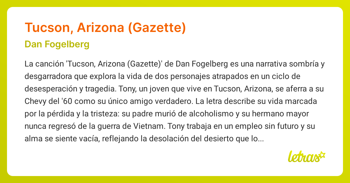 Significado de la canción TUCSON, ARIZONA (GAZETTE) (Dan Fogelberg ...