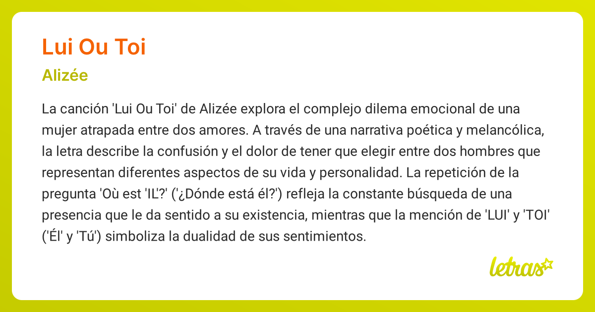 Significado de la canción LUI OU TOI (Alizée) - LETRAS.COM