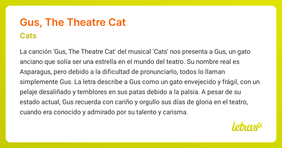Significado de la canción GUS, THE THEATRE CAT (Cats) - LETRAS.COM
