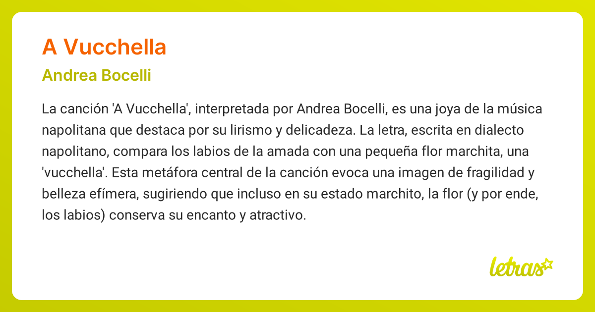 Significado de la canción A VUCCHELLA (Andrea Bocelli) - LETRAS.COM