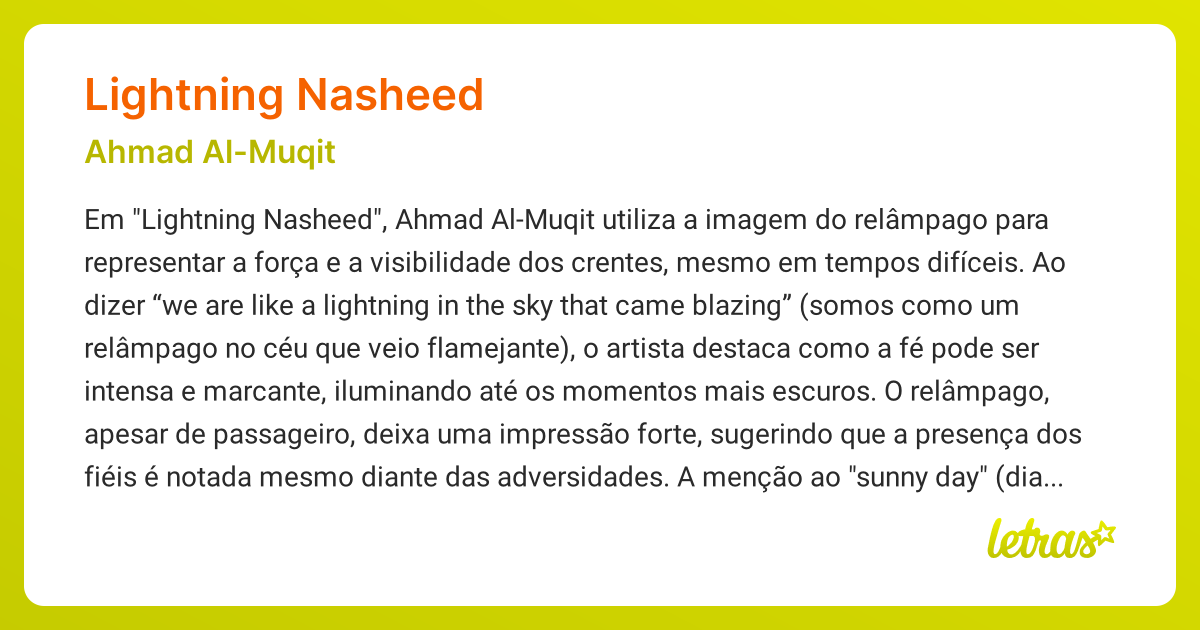 Significado da música LIGHTNING NASHEED (Ahmad Al-Muqit) - LETRAS.MUS.BR