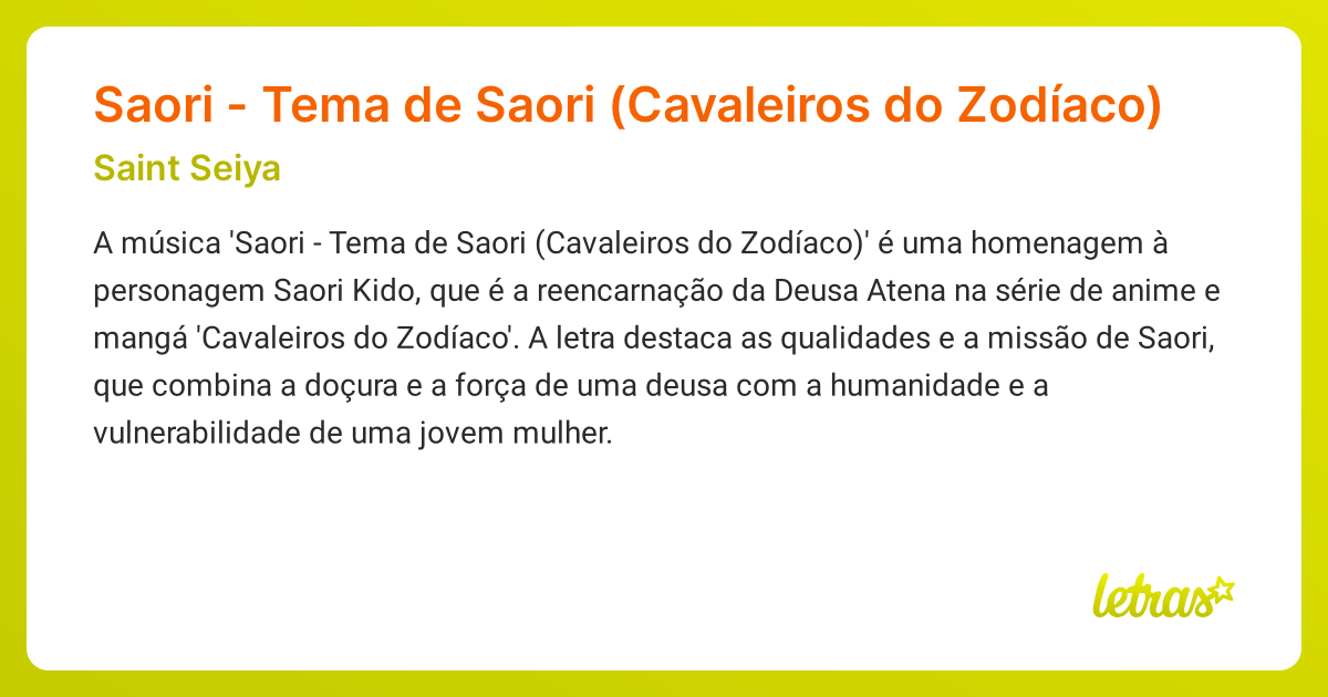 Significado da música Saori - Tema de Saori (Cavaleiros do Zodíaco ...