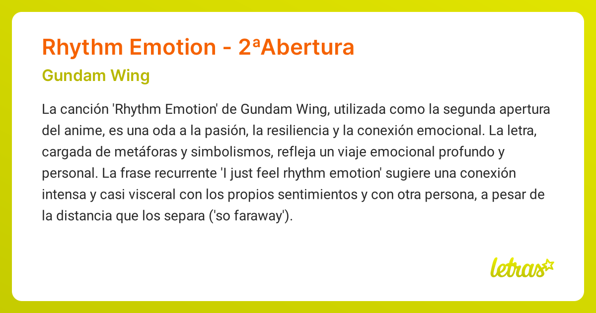 Significado de la canción RHYTHM EMOTION - 2ªABERTURA (Gundam Wing) - LETRAS.COM