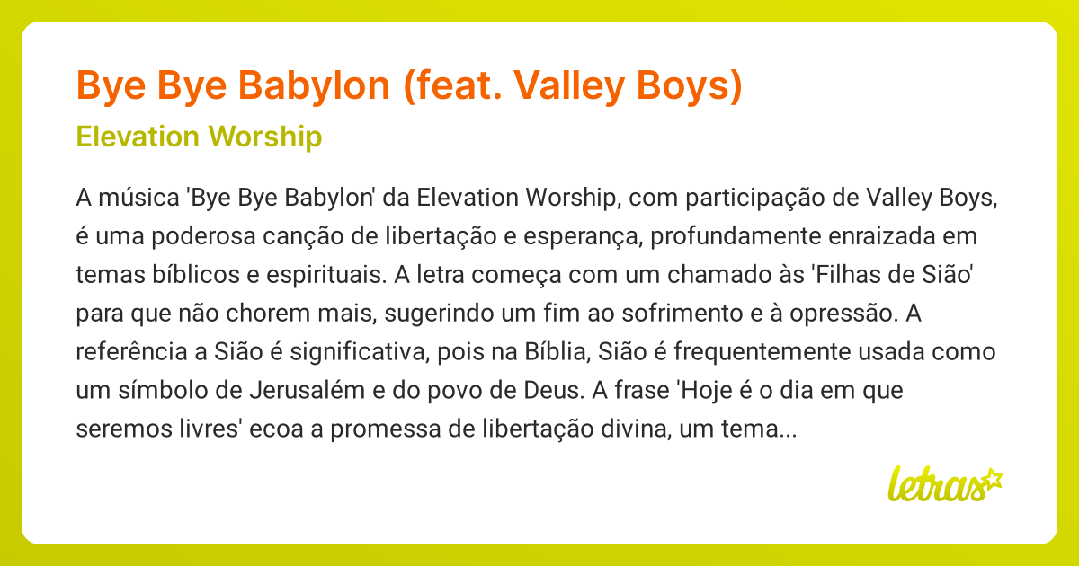 Significado da música Bye Bye Babylon (feat. Valley Boys) (Elevation ...