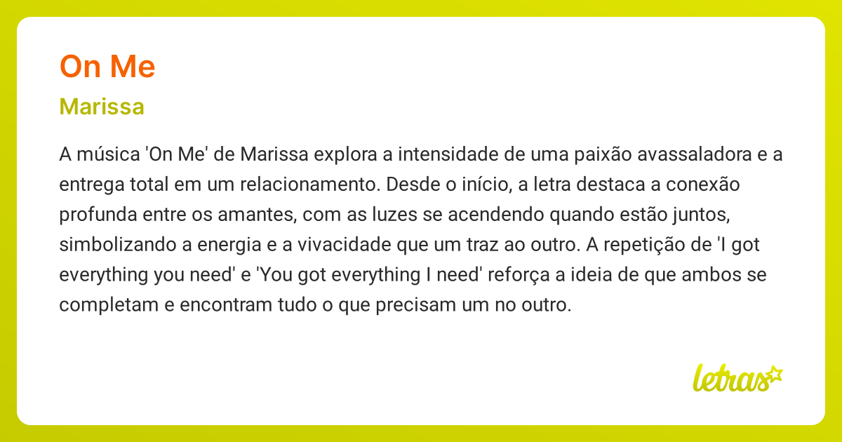 Significado da música ON ME (Marissa) - LETRAS.MUS.BR