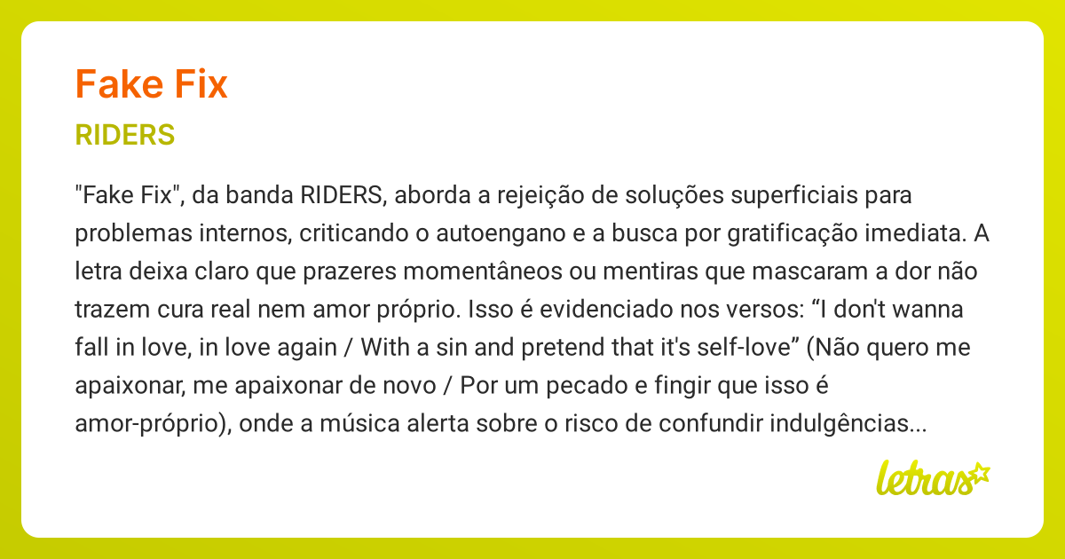 Significado da música FAKE FIX (RIDERS) - LETRAS.MUS.BR