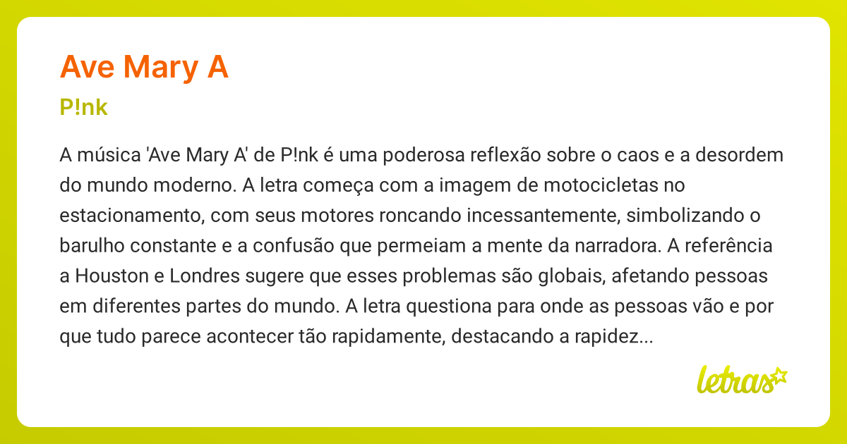 Significado da música AVE MARY A (P!nk) - LETRAS.MUS.BR