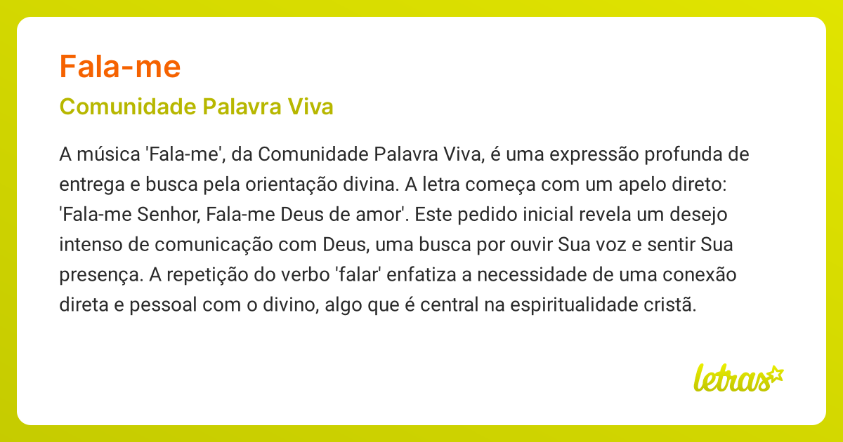 Significado da música FALA-ME (Comunidade Palavra Viva) - LETRAS.MUS.BR