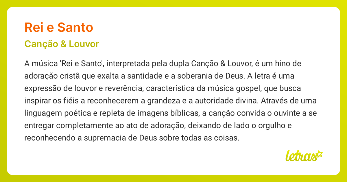 Significado da música REI E SANTO (Canção & Louvor) - LETRAS.MUS.BR