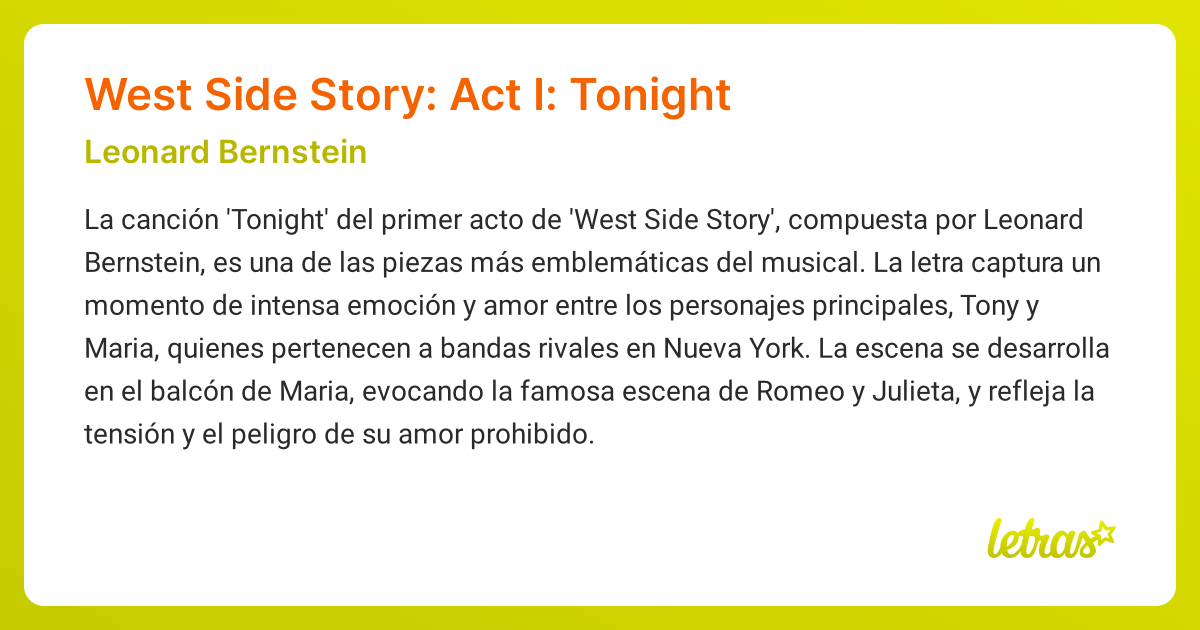 Significado de la canción West Side Story: Act I: Tonight (Leonard Bernstein) - LETRAS.COM