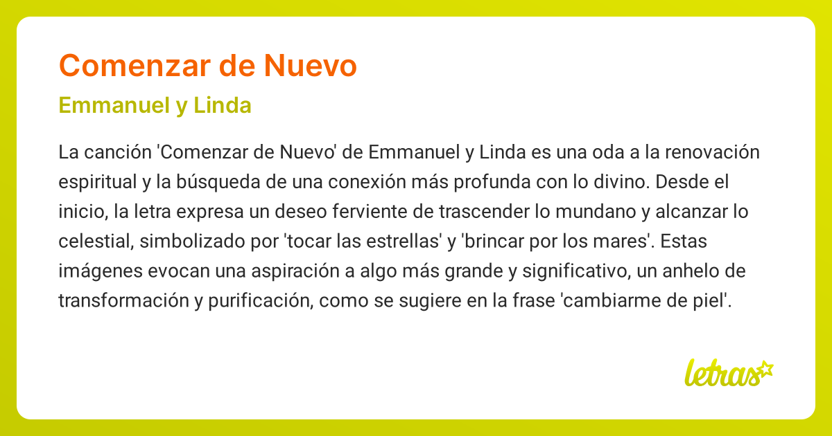 Significado de la canción COMENZAR DE NUEVO (Emmanuel y Linda) - LETRAS.COM