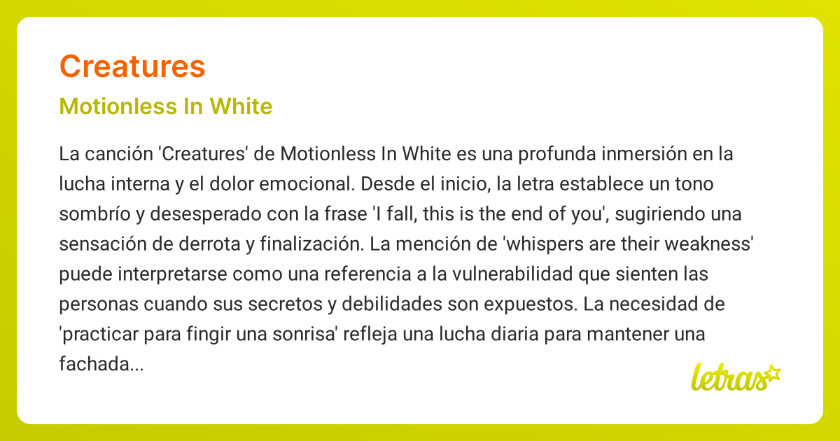 Significado de la canción CREATURES (Motionless In White) - LETRAS.COM