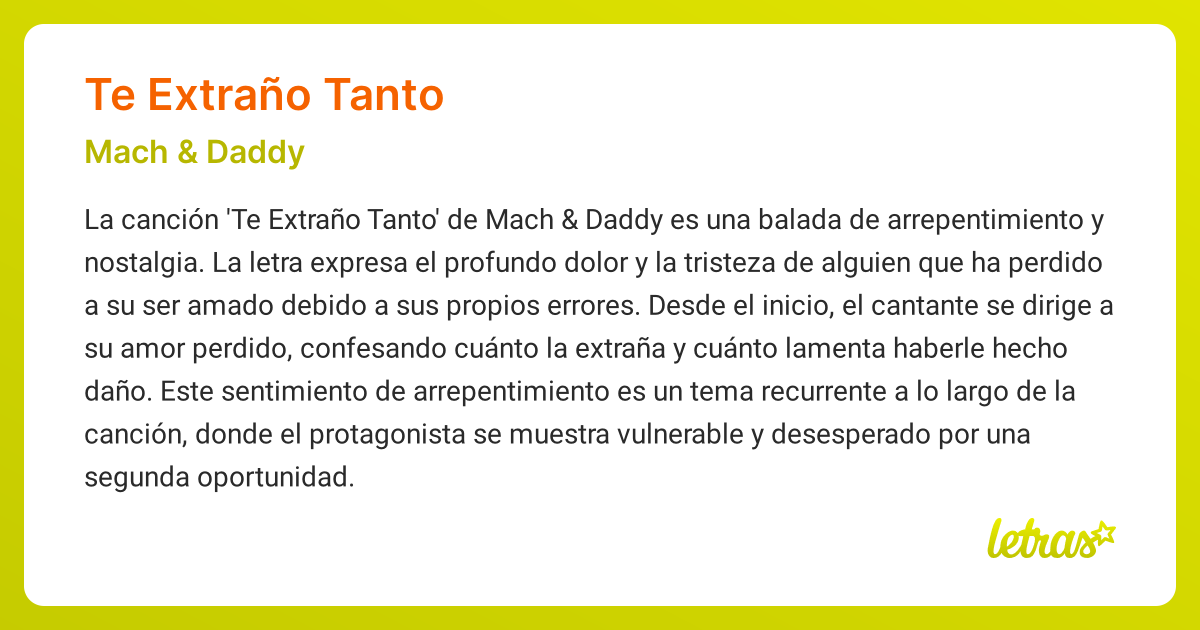 Significado de la canción TE EXTRAÑO TANTO (Mach & Daddy) - LETRAS.COM
