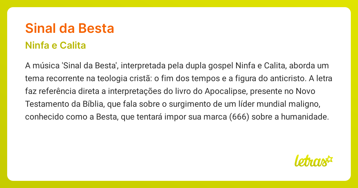 Significado da música SINAL DA BESTA (Ninfa e Calita) - LETRAS.MUS.BR